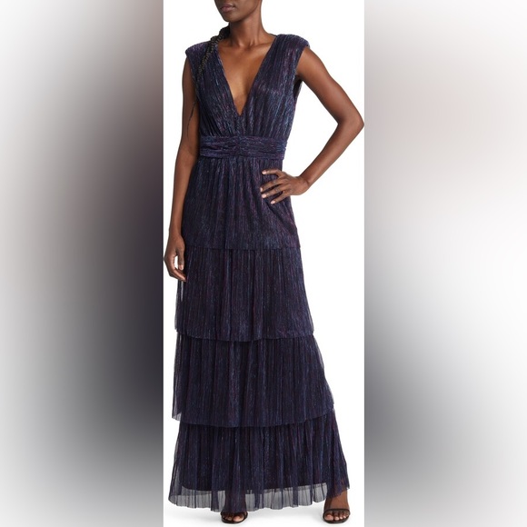 Wayf | Dresses | Wayf Valentina Metallic Tiered Gown In Blue Metallic ...
